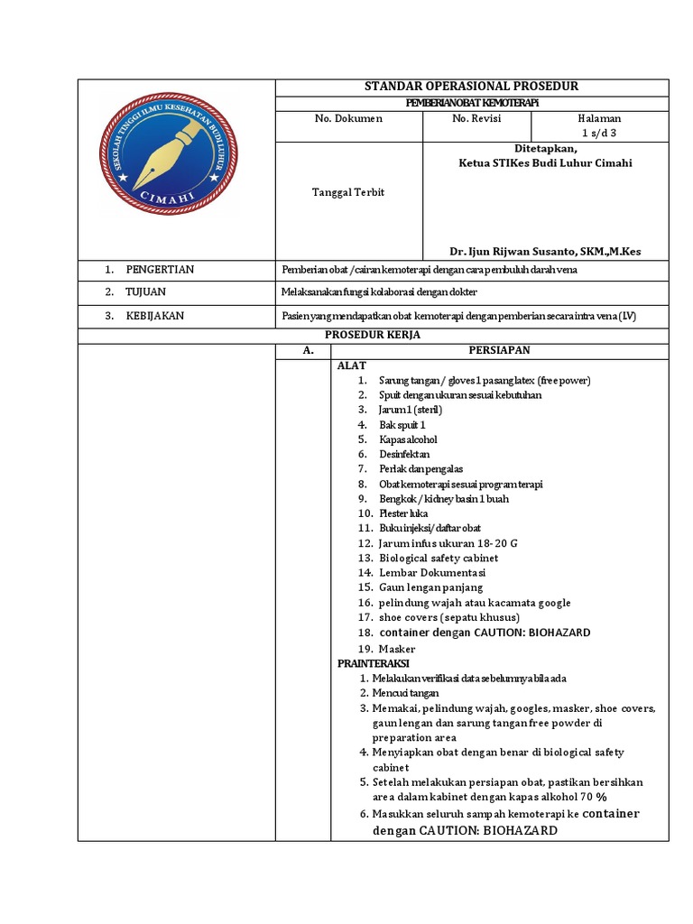 Standar Operasional Prosedur Pemberian Obat Intravena | PDF