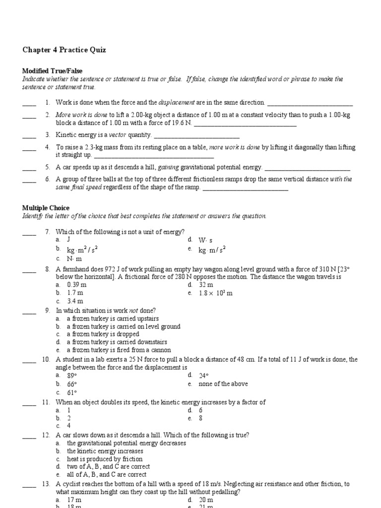 Chapter 4 Force Practice Quiz | PDF | Force | Friction
