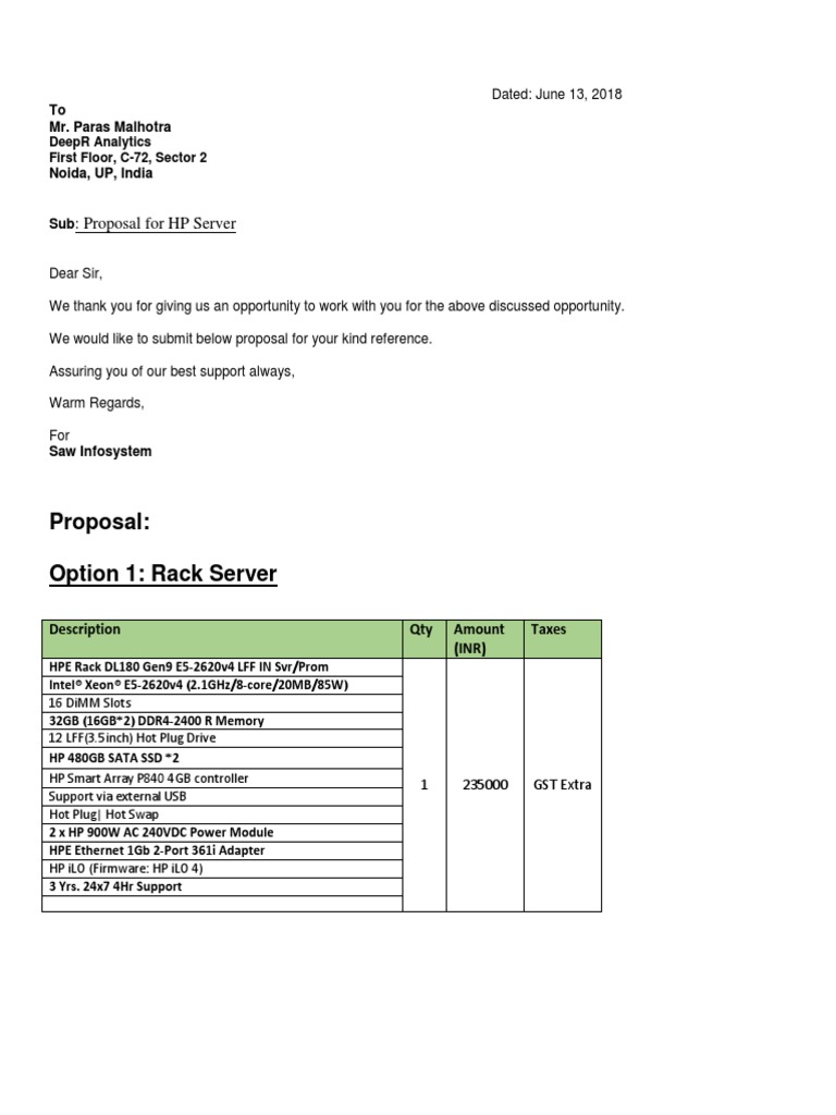 Proposal For HP Server PDF | PDF | Computers