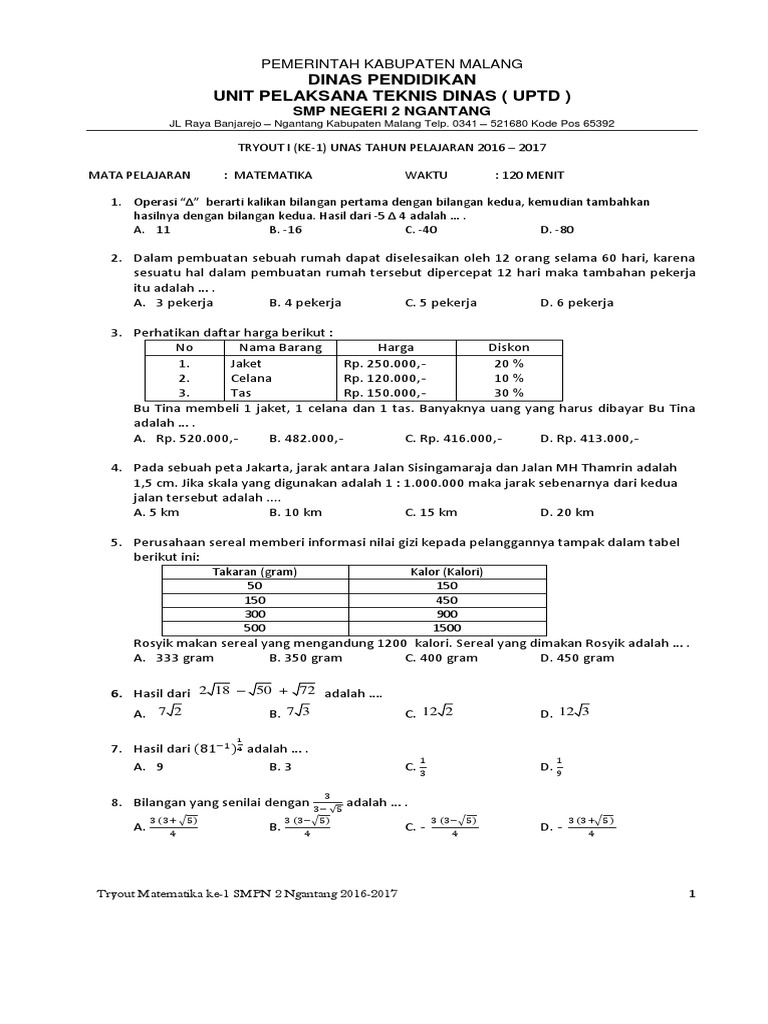 Soal Tryout 1 Matematika | PDF
