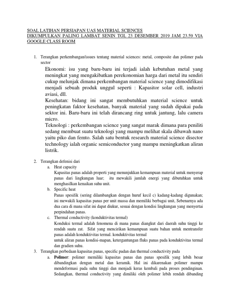 Soal Latihan Persiapan UAS Material Sciences | PDF | Sains & Matematika Soal Latihan Persiapan UAS Material Sciences | PDF | Sains & Matematika