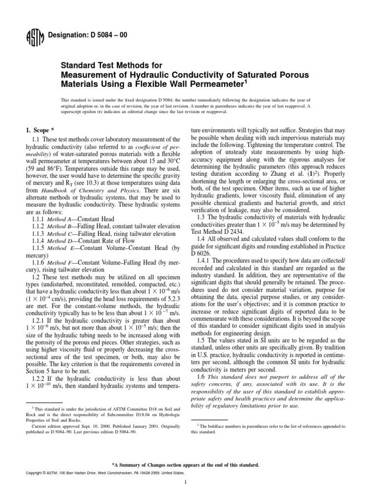 D5084 Standard Test Methods For Measurement of Hydraulic Conductivity ...