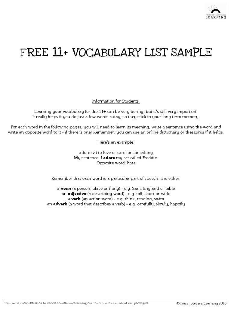 Free 11 Plus Vocabulary List A Week of Words To Learn PDF | PDF ...