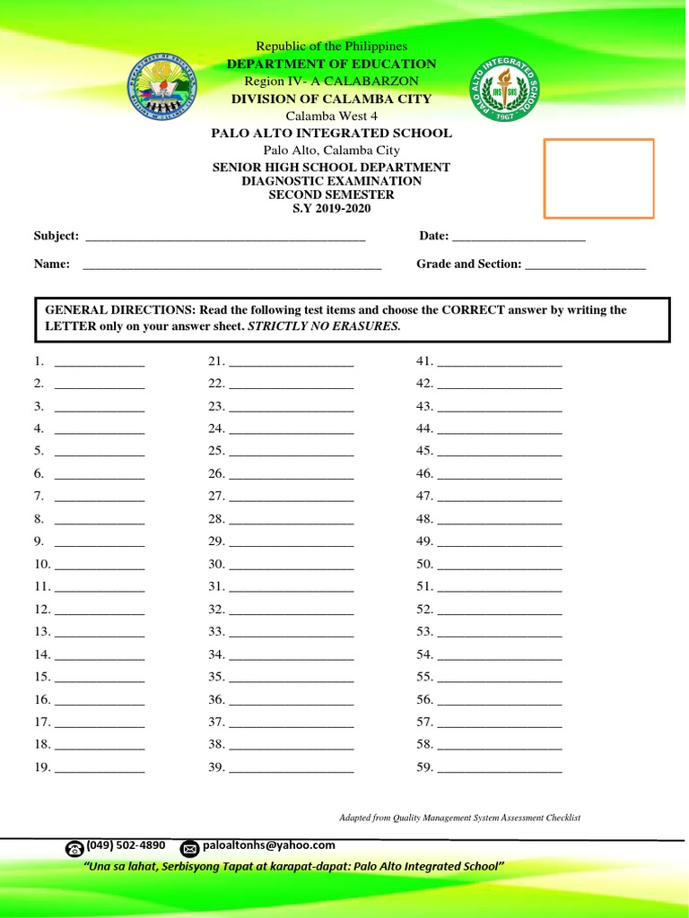 Senior High School Diagnostic Exam | PDF | Test (Assessment ...