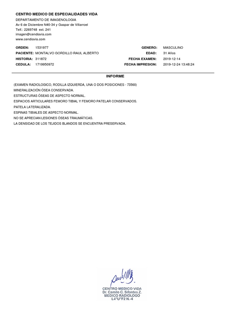Informe Radiológico Rodilla Izquierda | PDF