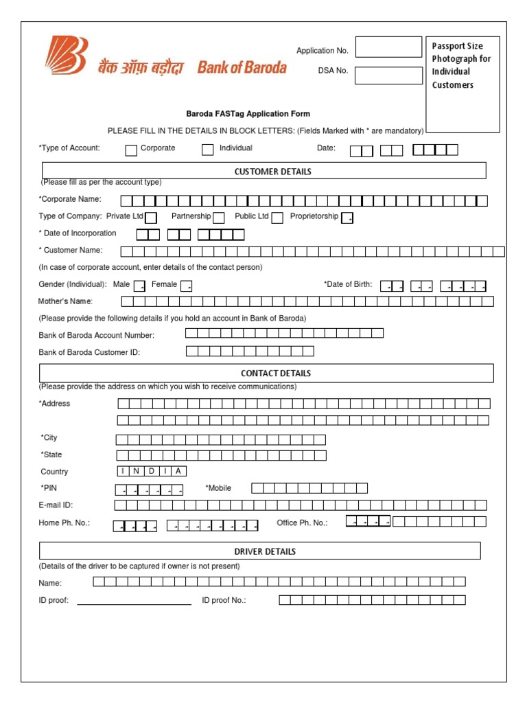 Fastag Application Form 2 Pager | PDF | Identity Document | Government And Personhood