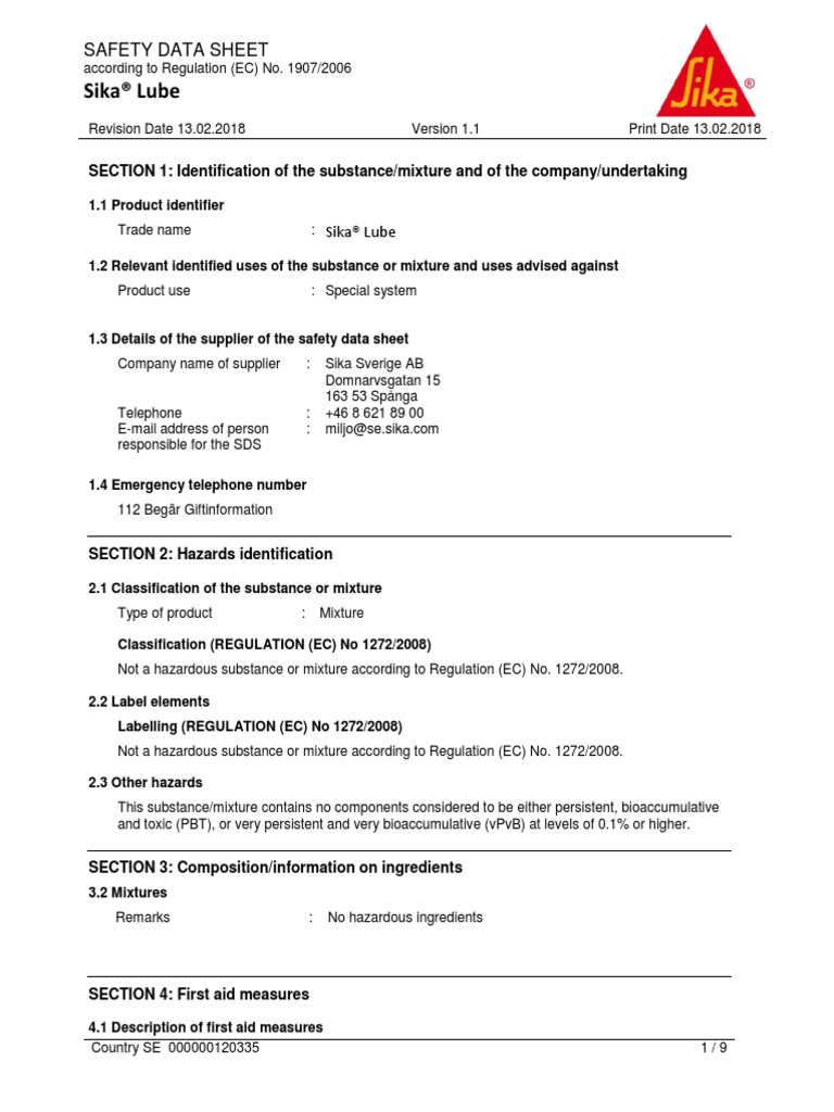 Sika Lube One | PDF | Toxicity | Prevention