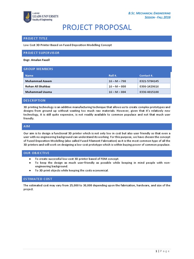 Project Proposal 3D Printer | PDF | 3 D Printing | Design