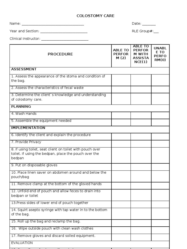 Colostomy Care - Checklist | PDF | Catheter | Breathing