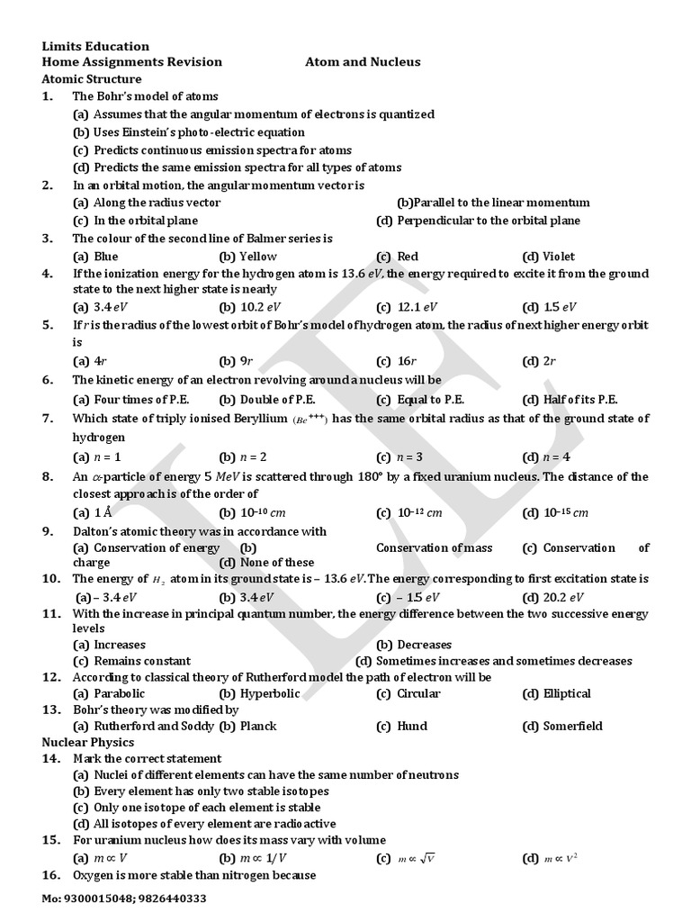 Atom and Nucleus Home Assignment 1 PDF | PDF | Neutron | Atomic Nucleus