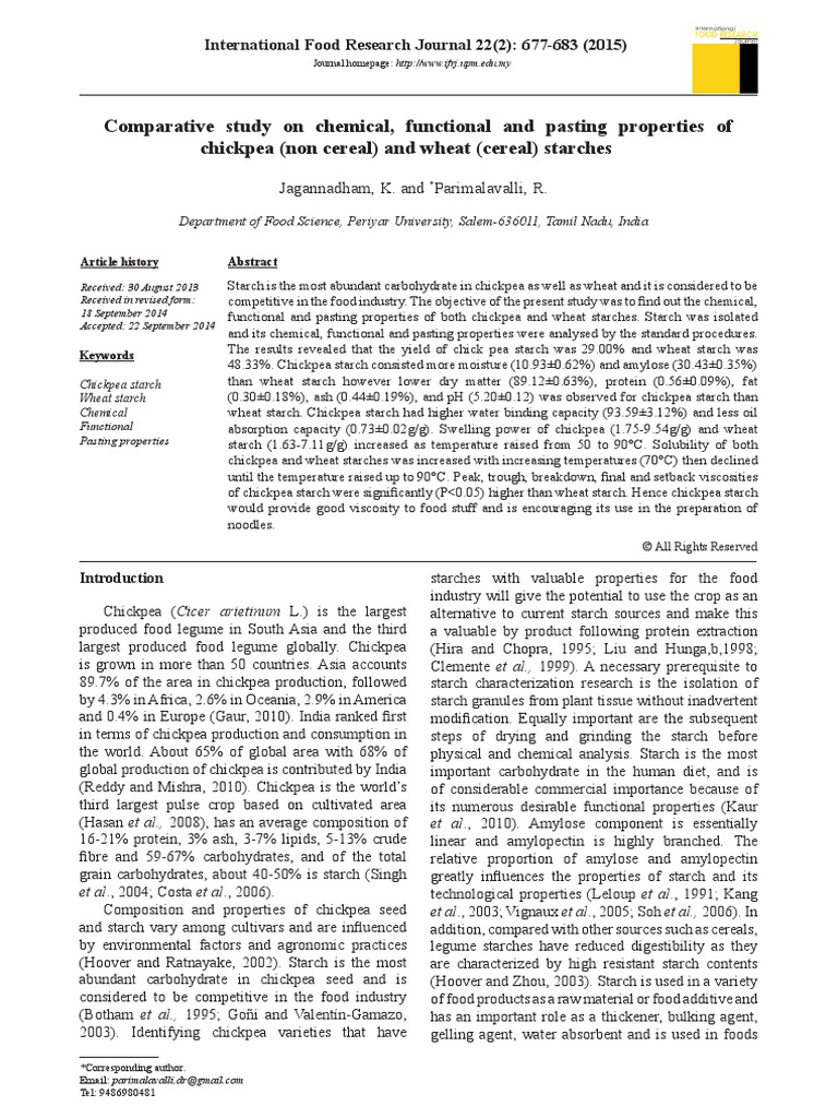 Comparative Study On Chemical, Functional and Pasting Properties of Chickpea (Non Cereal) and ...