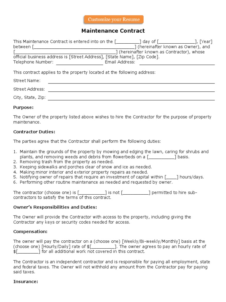 Maintenance Contract | PDF | Independent Contractor | Liability Insurance