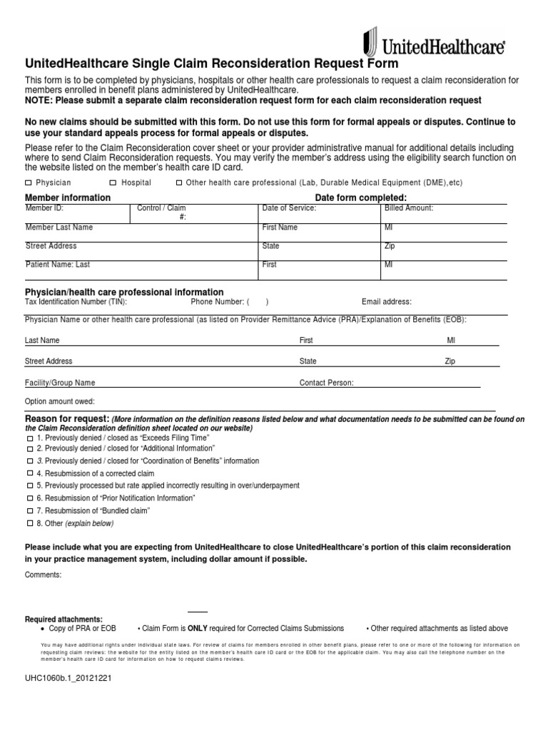 UnitedHealthCare Fillable Reconsideration Form | PDF | Identity Document | Health Care