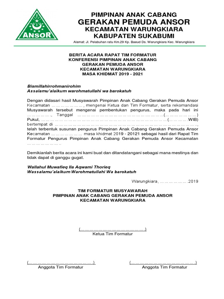 Berita Acara Rapat Tim Formatur PAC Ansor | PDF