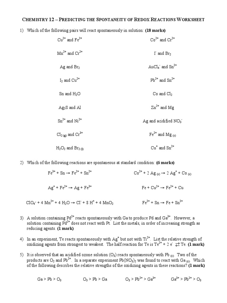 Predicting The Spontaneity of Redox Reactions Worksheet 1zynt2m | PDF ...