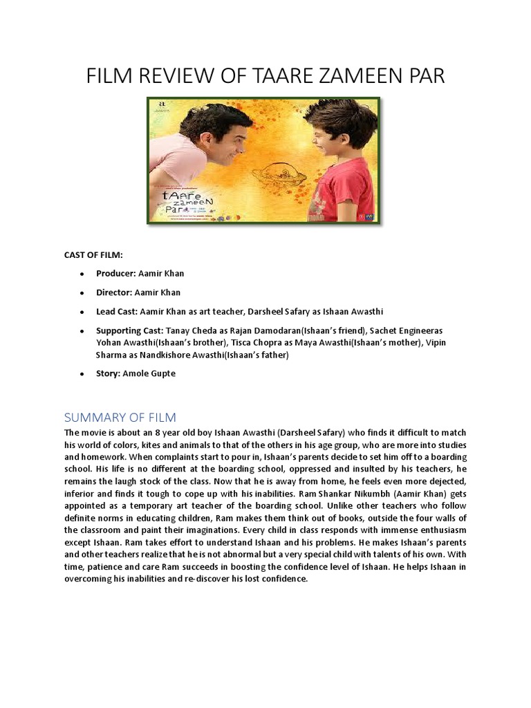 Taare Zameen Par Movie Review | PDF | Inclusion (Education) | Dyslexia