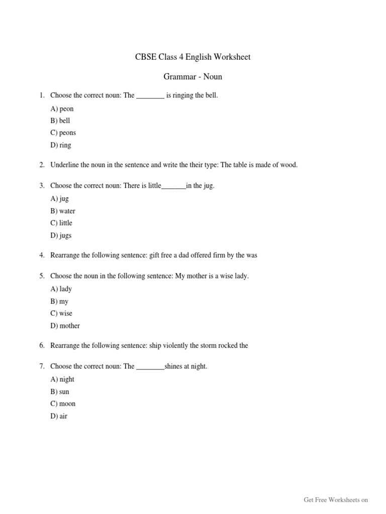 Noun CBSE Class 4 Worksheet | PDF | Morphology | Syntax
