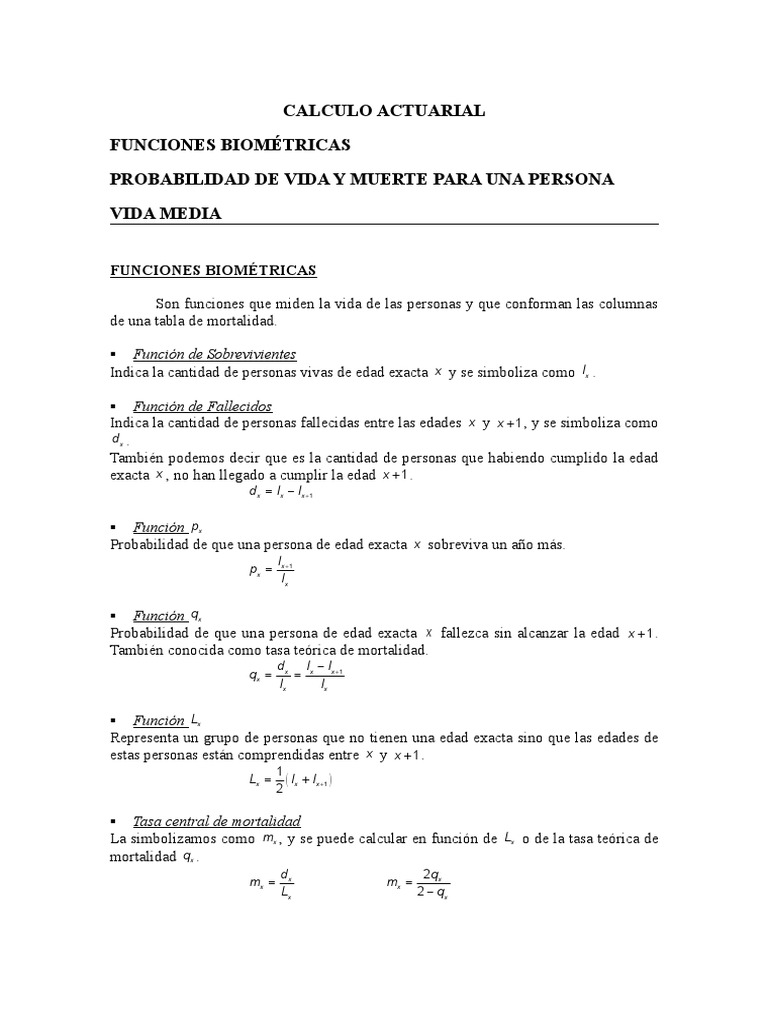 Calculo Actuarial - Formulas | PDF | Póliza de seguros | Tasa de mortalidad