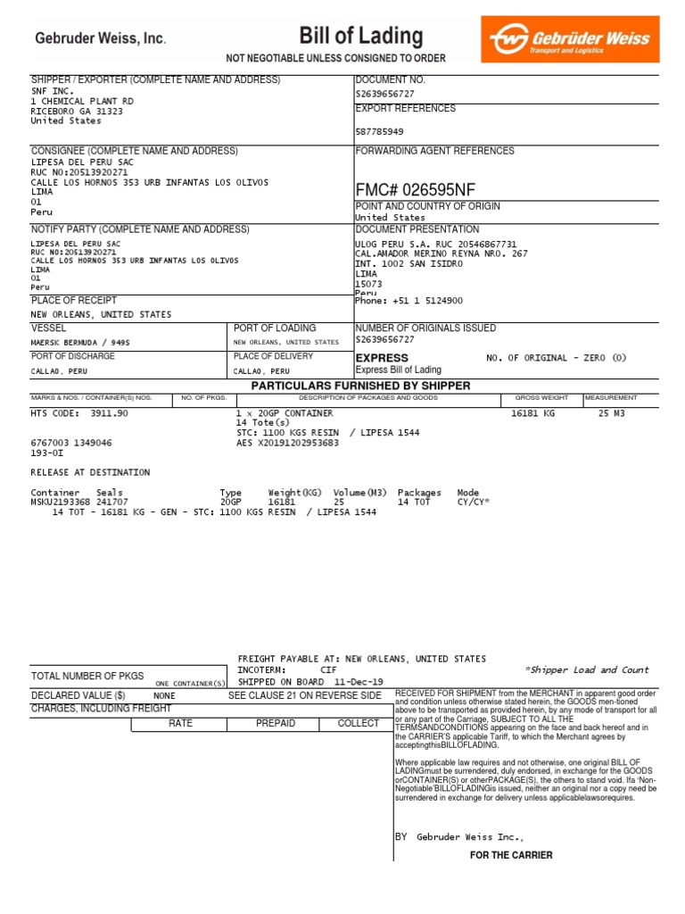 BL 193-OI SNF Inc | PDF | Cargo | Trade