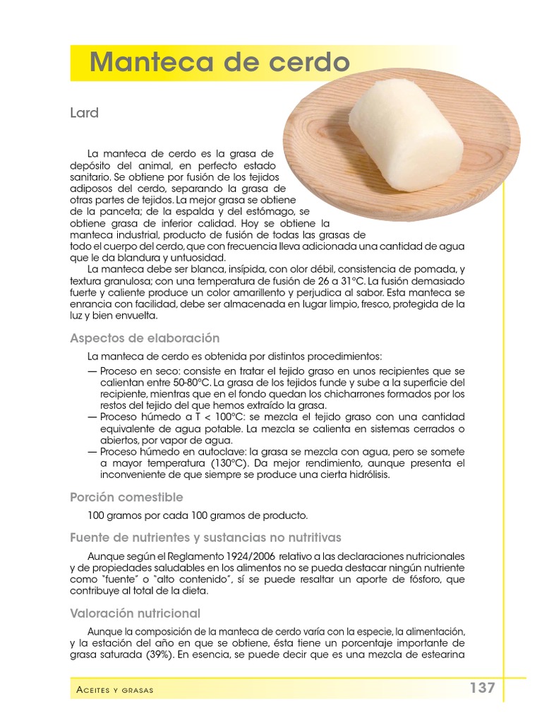 Composición y beneficios de la manteca de cerdo | PDF | gordo | Vitamina a
