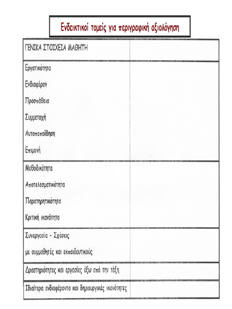 ΕΝΔΕΙΚΤΙΚΟΙ ΤΟΜΕΙΣ ΓΙΑ ΠΕΡΙΓΡΑΦΙΚΗ ΑΞΙΟΛΟΓΗΣΗ PDF | PDF