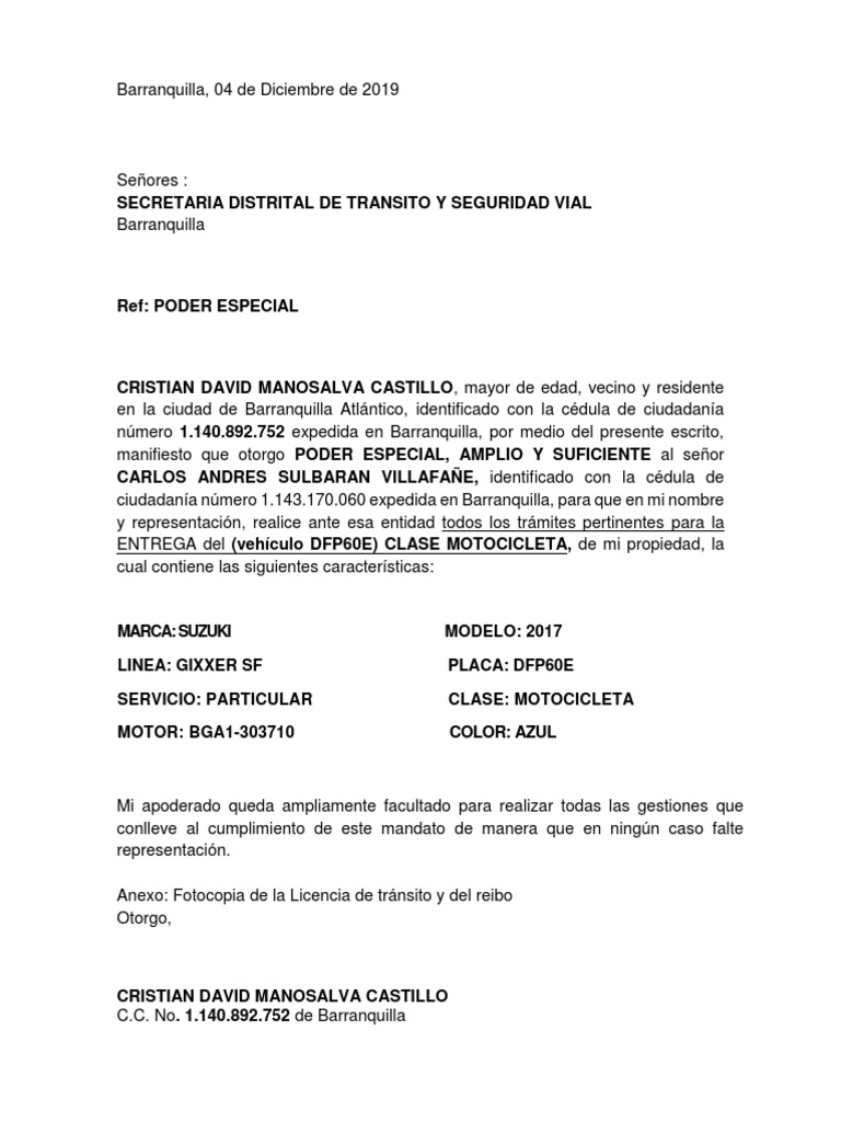 PODER ESPECIAL Traspaso de Vehiculo | PDF | Vehículo de motor | Transporte