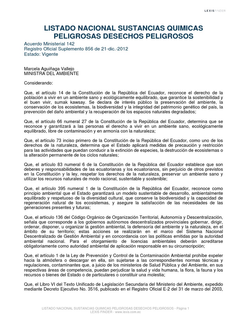 Acuerdo 142 2012 Listado Nacional de Sustancias Quimicas Peligrosas PDF | PDF | Biodiversidad ...