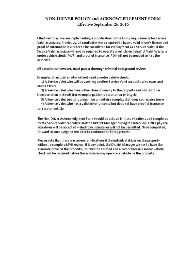 Non-Driver Policy and Acknowledgement Form 09-26-16 PDF | PDF | Driver ...