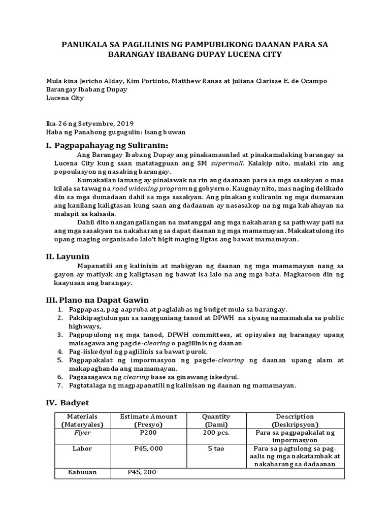 Panukala Sa Paglilinis NG Pampublikong Daanan para Sa Barangay Ibabang ...