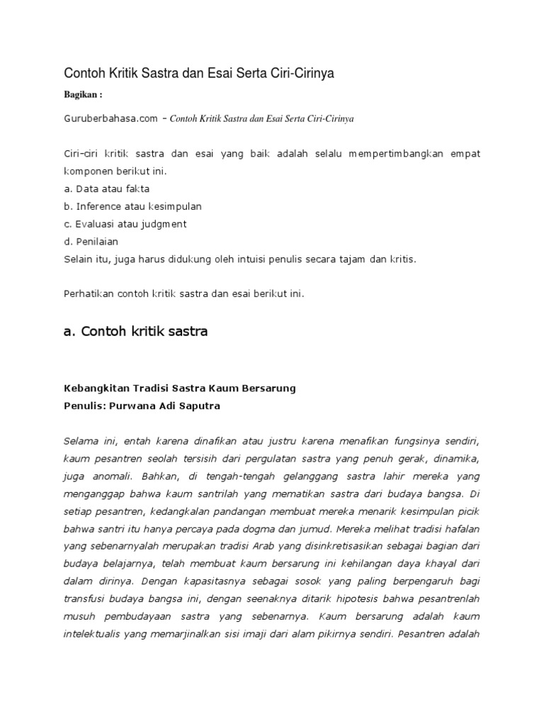 Contoh Kritik Sastra Dan Esai Serta Ciri - Docx Mira | PDF