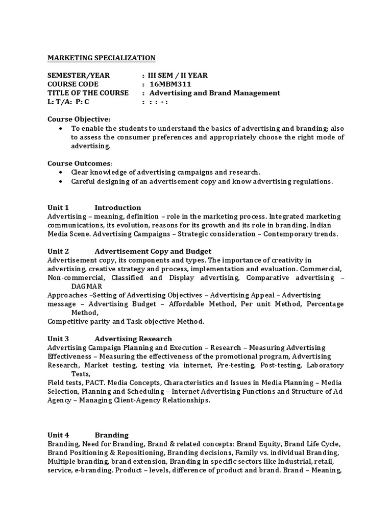 Advertising Mba Syllabus | PDF | Advertising | Brand