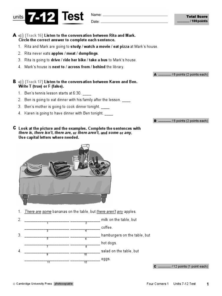 Test 7 12 Four Corner 1 2 PDF | PDF