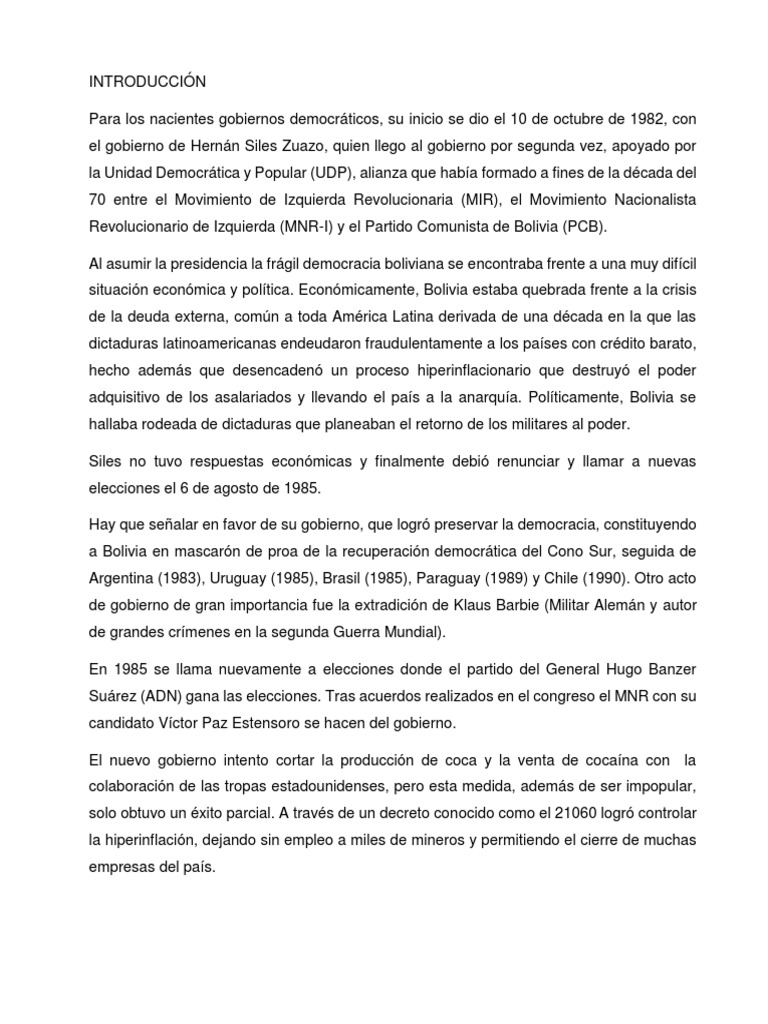 Gobierno de Hernán Siles Zuazo en Bolivia | PDF | Gobierno | Elecciones