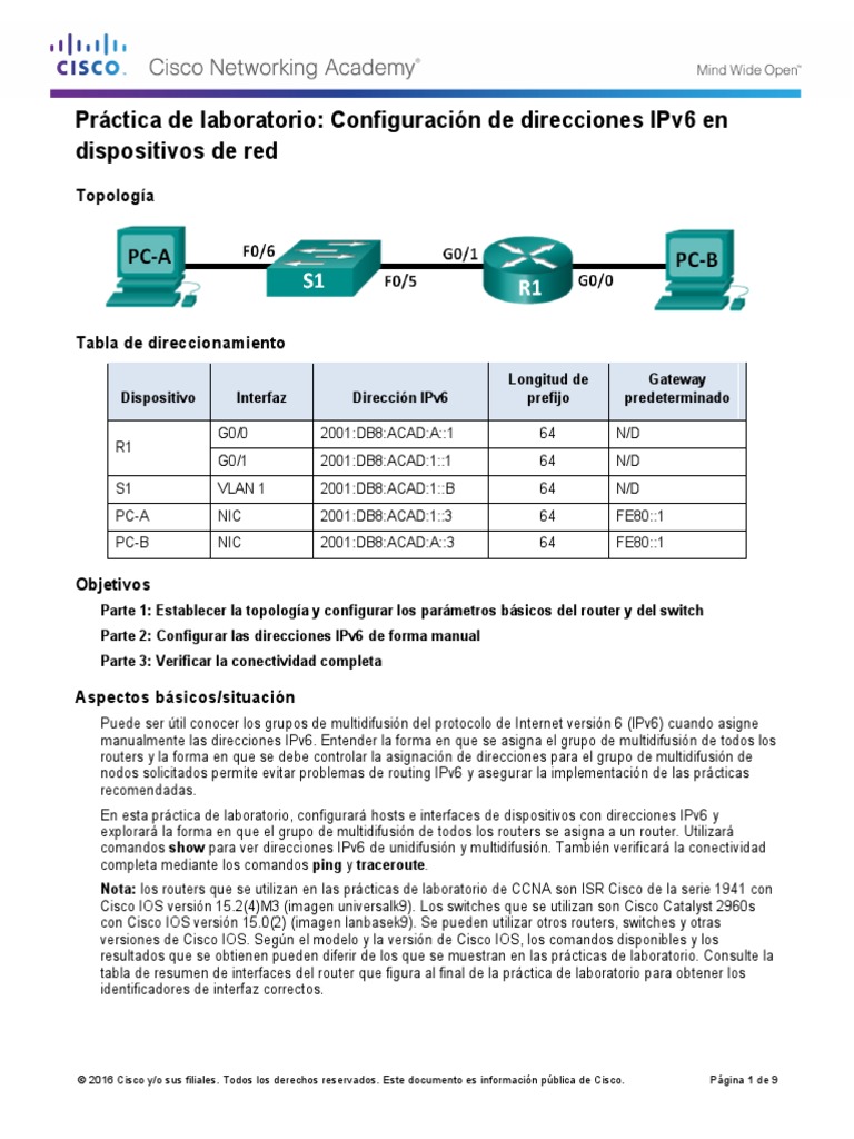 7.2.5.4 Lab - Configuring IPv6 Addresses On Network Devices | Descargar gratis PDF | Yo Pv6 ...