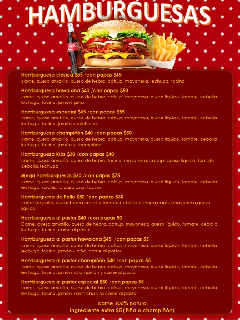 Menú de Hamburguesas Variadas | PDF | Pancho | Hamburguesas