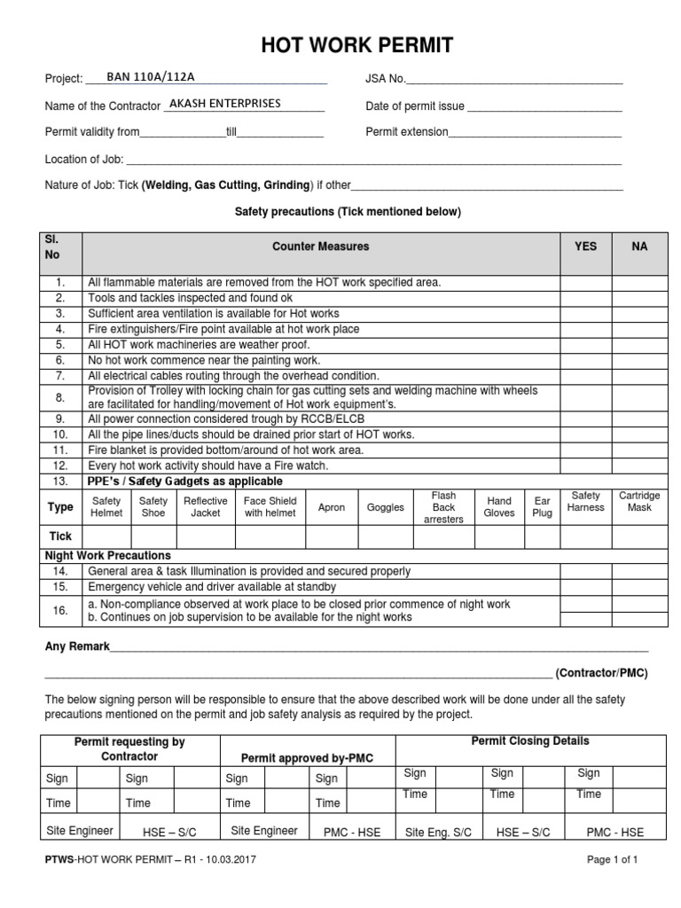 4.2 Hot Work Permit PDF | PDF | Safety | Manufactured Goods