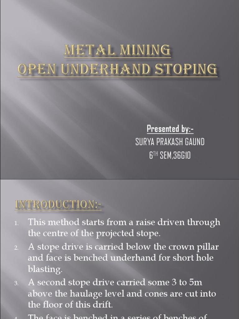 Underhand Stoping Mining Method Overview | PDF | Economic Geology | Mining