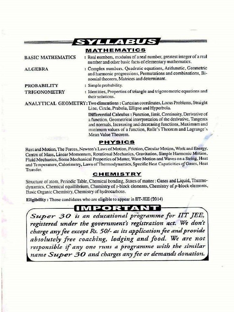 Super 30 Entrance Examination Syllabus PDF | PDF
