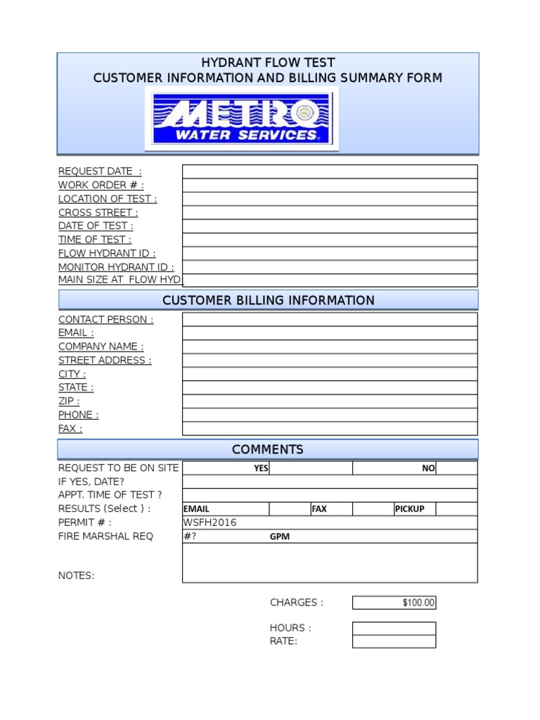 Hydrant Flow Test Billing Form | PDF | Pressure | Fluid Dynamics