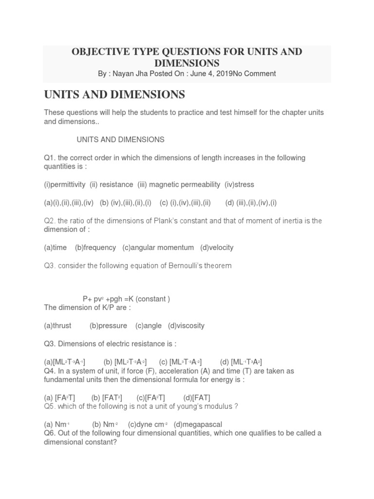 OBJECTIVE TYPE QUESTIONS FOR UNITS AND DIMENSIONS | PDF | Speed Of ...