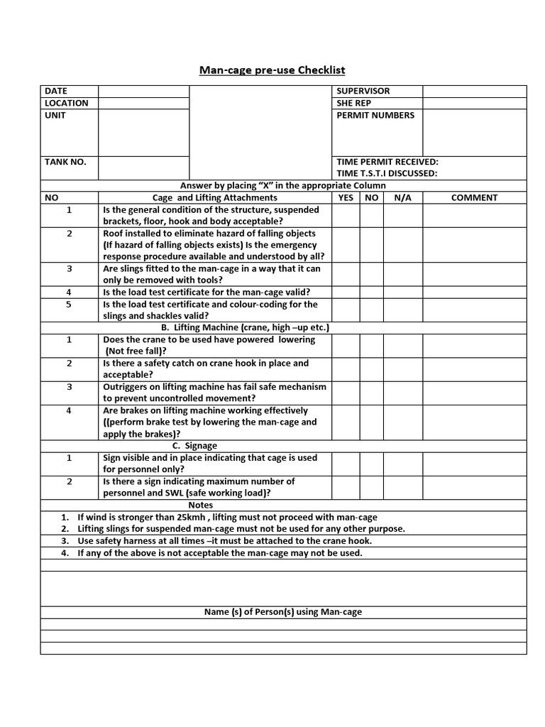 Man-Cage Safety Inspection Checklist | PDF | Crane (Machine)