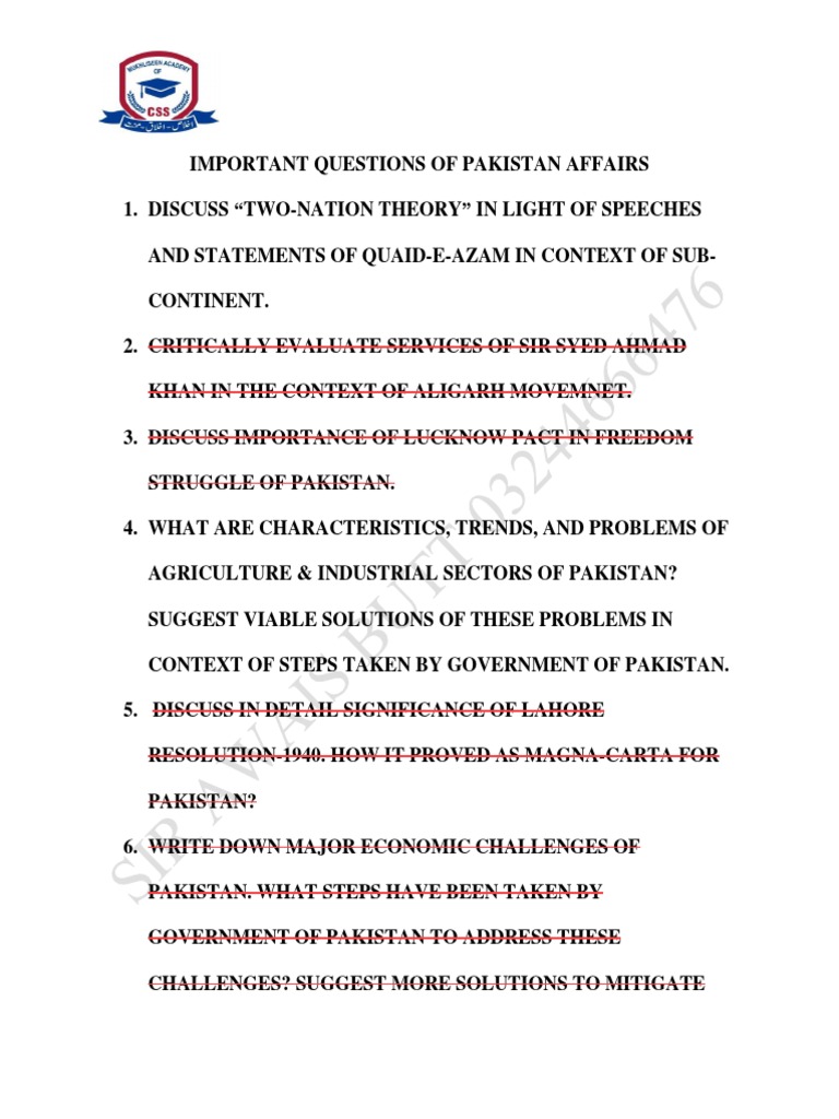 Important Questions of Pakistan Affairs | PDF | Pakistan | Accountability
