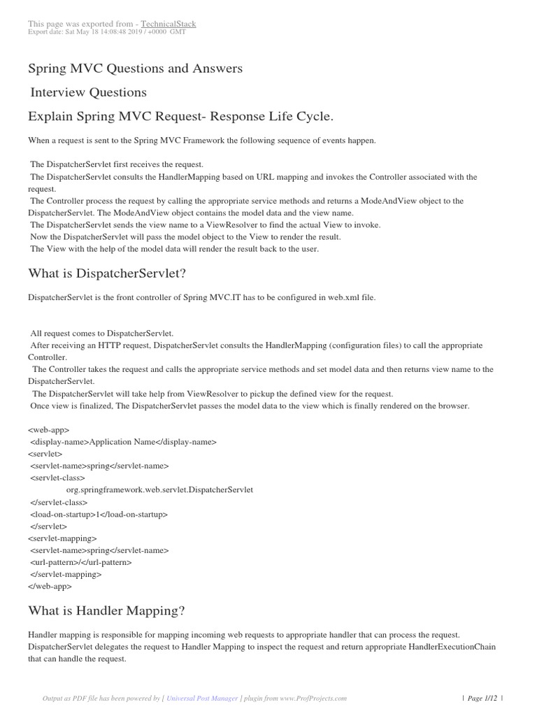 Spring Mvc Questions And Answers Pdf Spring Framework Model View Controller