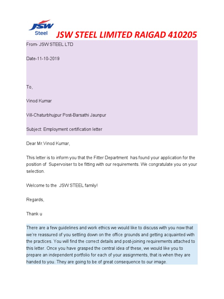 Employment Offer Letter for the Position of Quality Manager at JSW ...