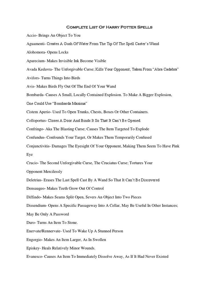 Complete List of Harry Potter Spells | PDF | Artificial Mythology | J ...