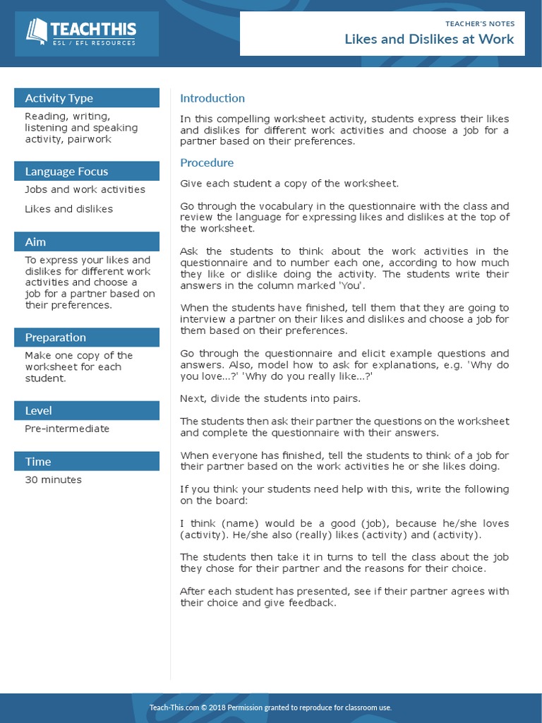 Likes and Dislikes at Work PDF | PDF | English As A Second Or Foreign ...