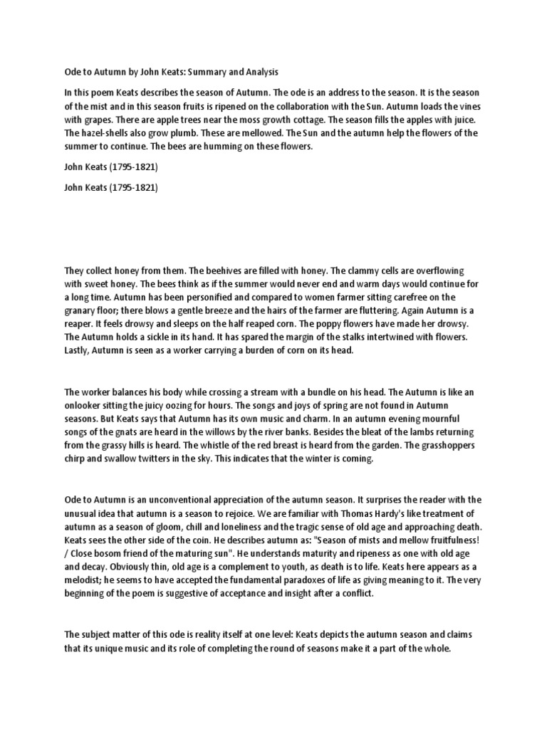 Ode To Autumn Summary N Analysis | PDF | Poetry