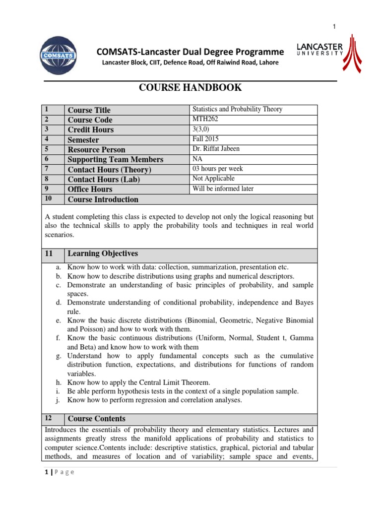 MTH262 - Statistics & Probability Theory by Dr. Riffat Jabeen | PDF ...