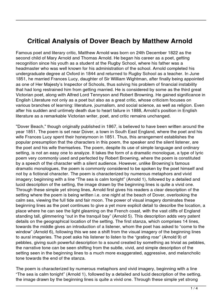 A Critical Study of Matthew Arnolds Dover Beach | PDF | Creationism ...
