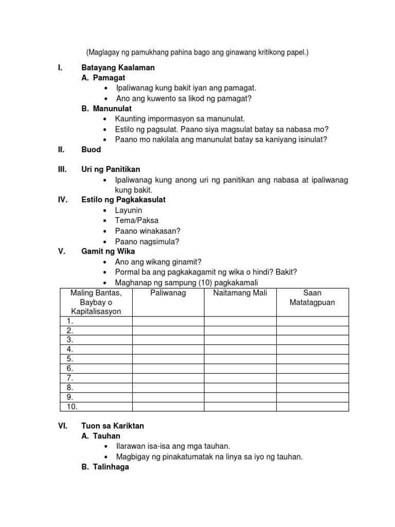 Format/Template Sa Pagsusuri NG Maikling Kuwento | PDF